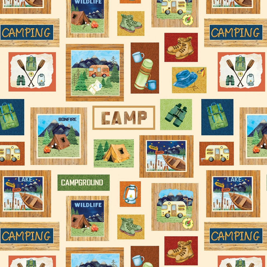 Camping Fabric, Live Love Camp Let's Camp Square Motifs on Cream Fabric ...