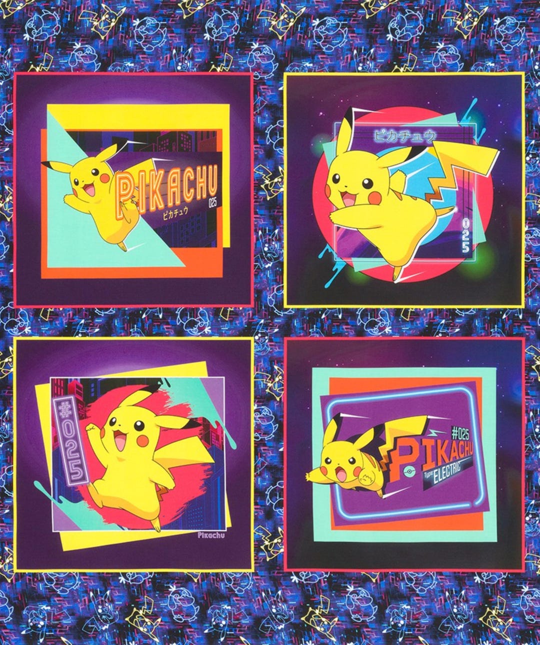 Pokemon Fabric Panel, Pikachu on Black 36" Quilt Block Panel, Pokemon ...