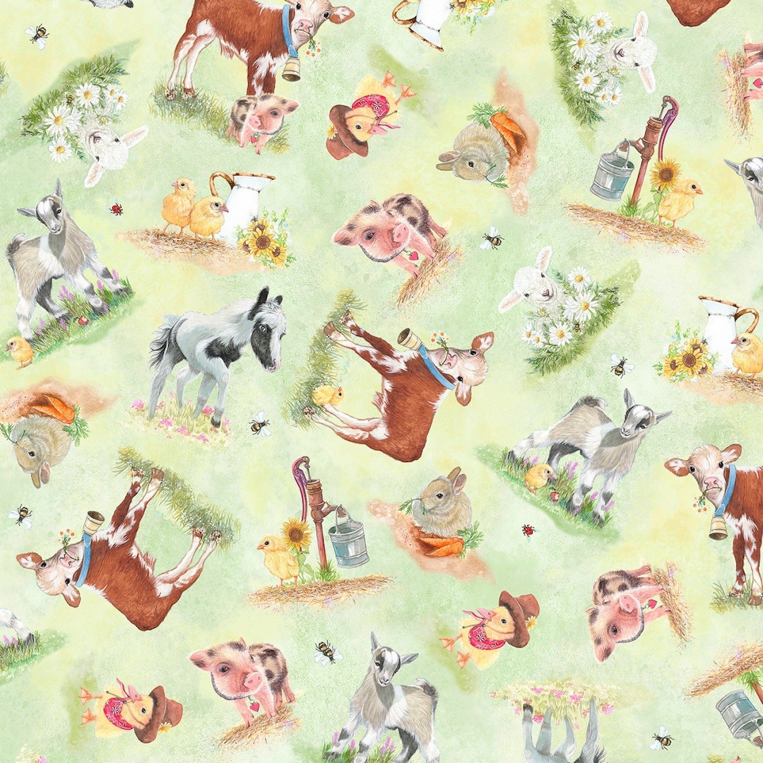 Baby Farm Animal Toss on Green Fabric by the Yard Barnyard Babies by P ...