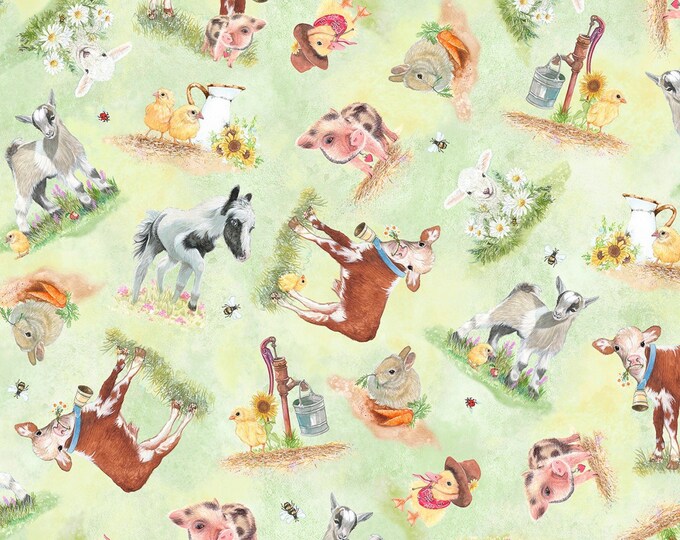 Baby Farm Animal Toss on Green Fabric by the Yard Barnyard Babies by P ...