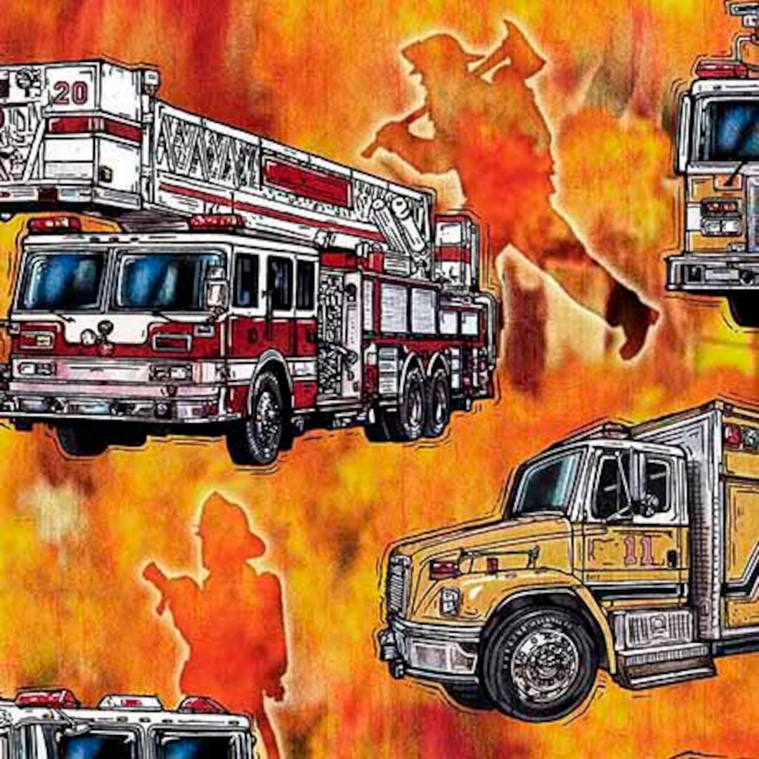 Fire Trucks on Orange Flames Fabric / 5 Alarm / Fire Fighter Fabric ...