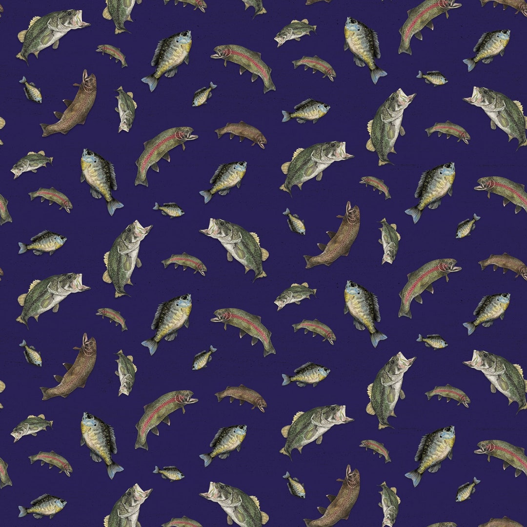 Jumping Fish Navy Fabric by the Yard, at the Lake Fishing Collection ...