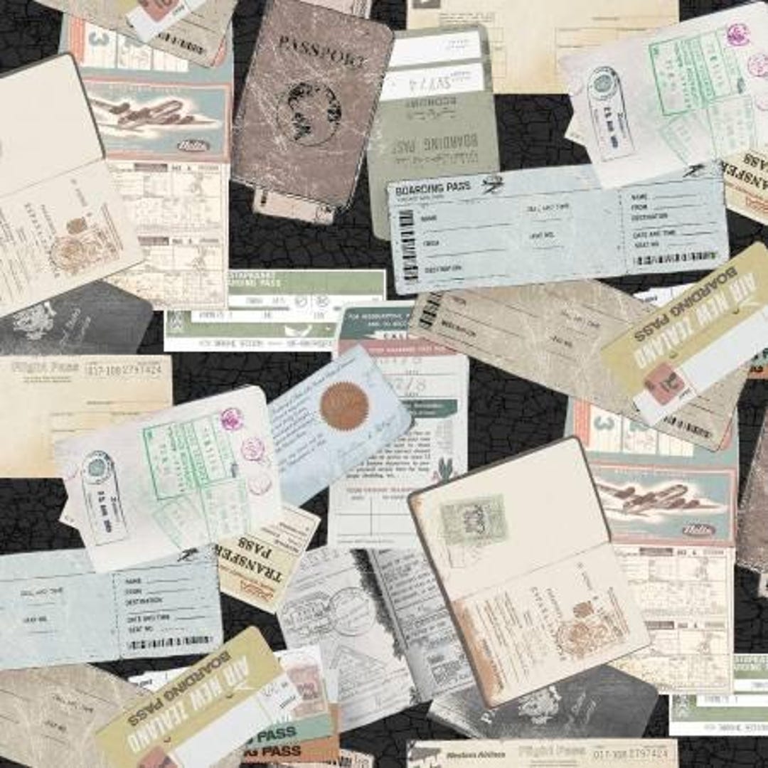 Tickets and Passports Collage on Dark Gray Fabric / Explore Collection ...