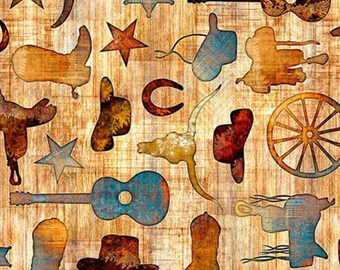 Cowboy Hat Toss on Cream Fabric / Hey Cowgirl Country Collection by QT ...