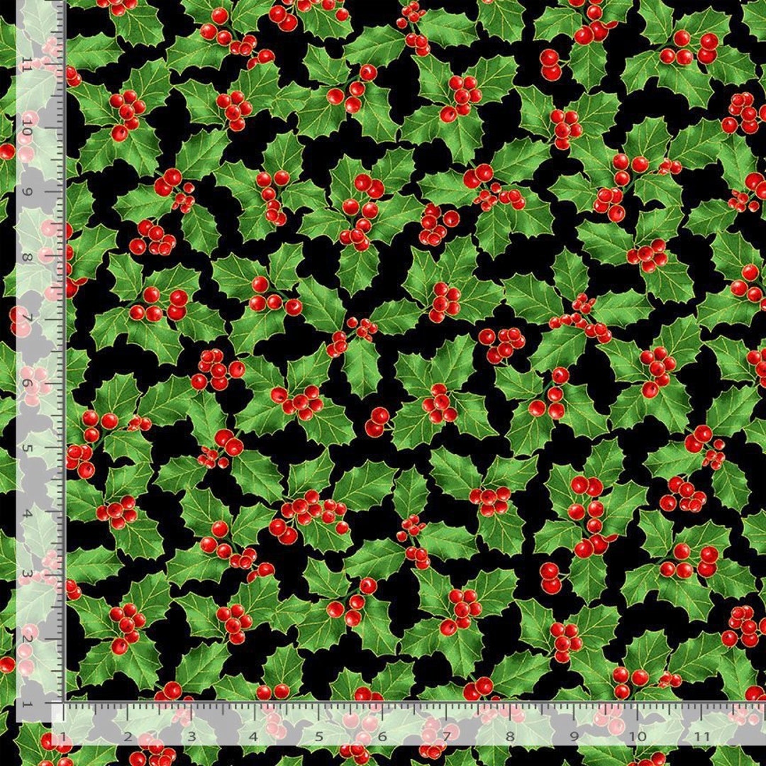 Christmas Holly Fabric, Mistletoe With Metallic Fabric by Timeless ...