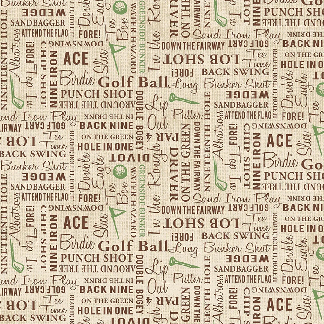 Golf Fabric / Golf Words on Khaki Fabric, Fore Collection, Clothworks ...