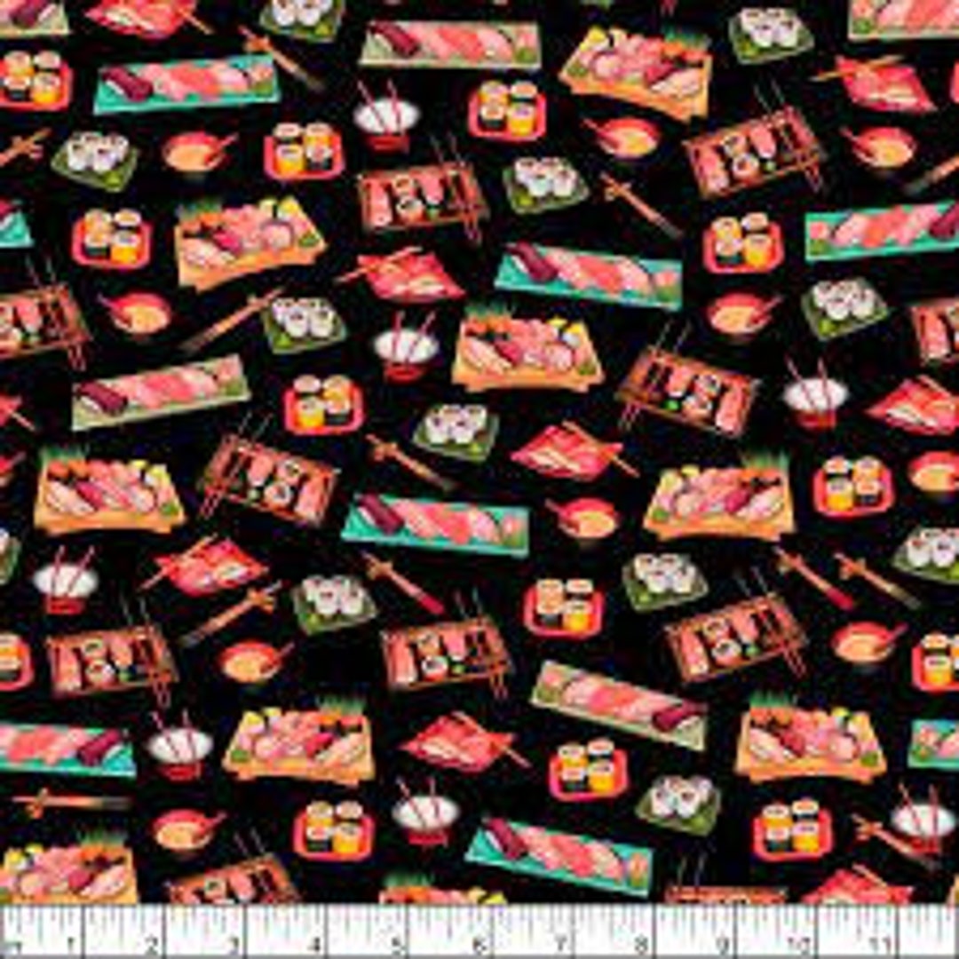 Sushi Fabric / Sushi on Black Fabric by the Yard / Food Fabric / Order ...