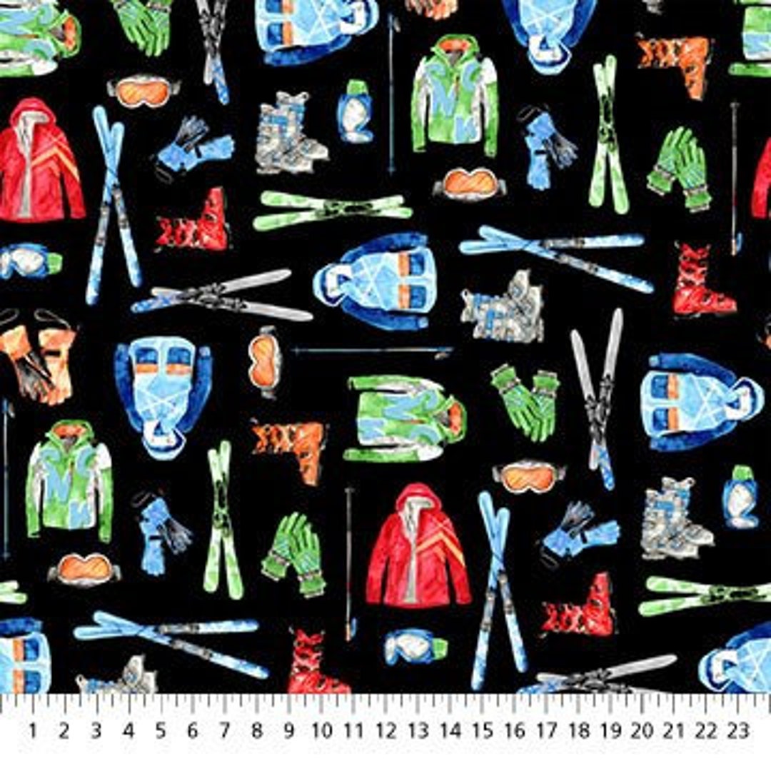 Ski Gear Fabric / Ski Gear on Black Winter Sports by Northcott / Skiing ...