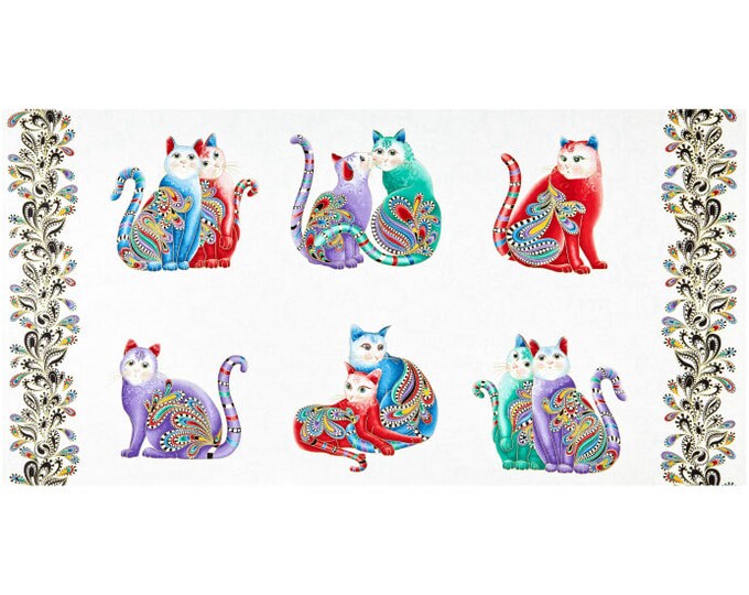 Cat-i-tude 2 Fabric Panel / Purrfect Together / Paisley Cats Fabric ...