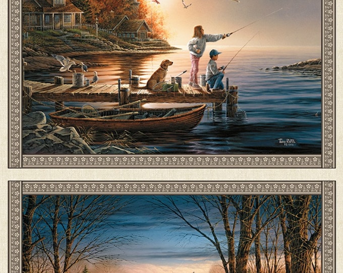 Dockside Lake Scene Panel Lakeside Afternoon Fabric Panel / 30 X 44 ...