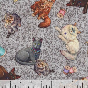 Tossed Cats on Gray Fabric Novelty Cat Fabric by the Yard From Quilt ...