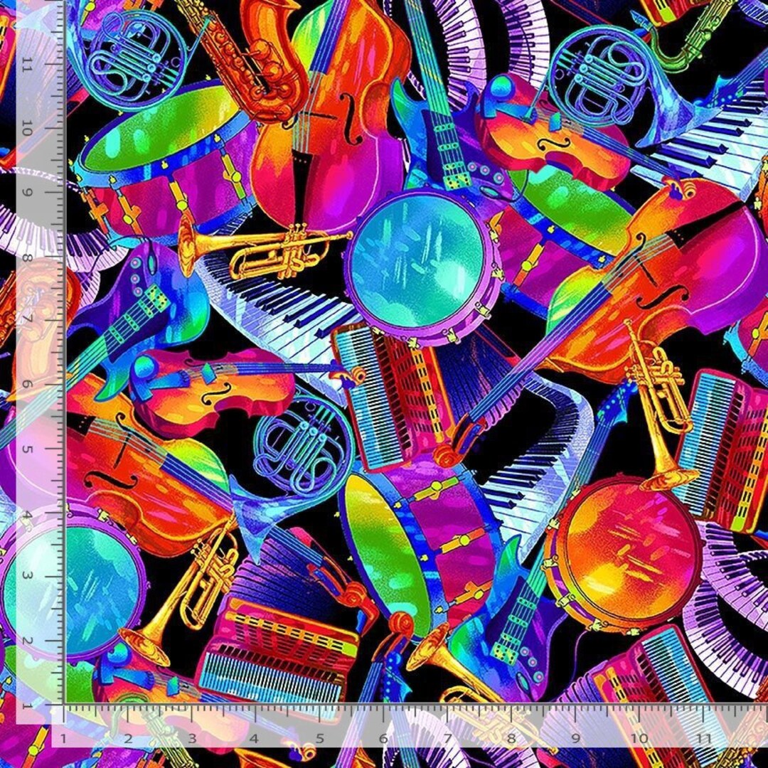 Music Fabric by the Yard / Jazz Fusion Colorful Instruments Fabric by ...