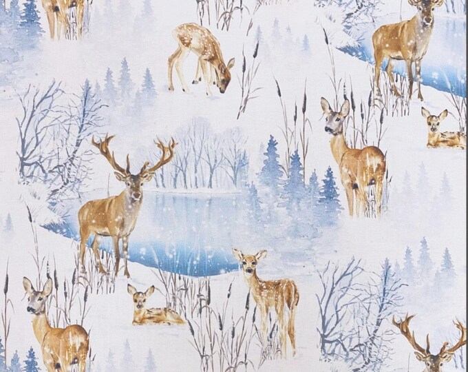 Deer in the Winter Forest Snow Fabric / Winter Tree and Deer Fabric ...