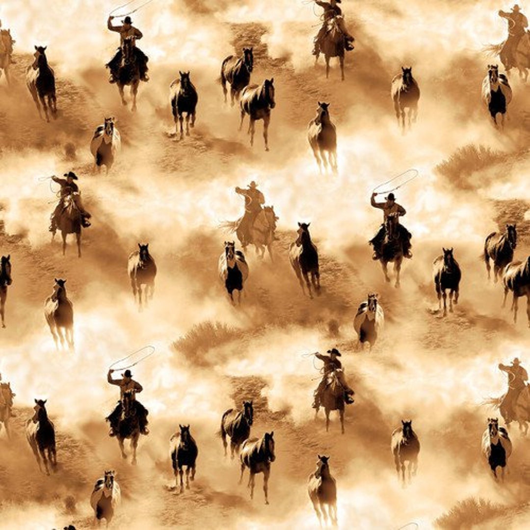 Running Horses and Cowboys Fabric / Cowboy Culture Collection From ...