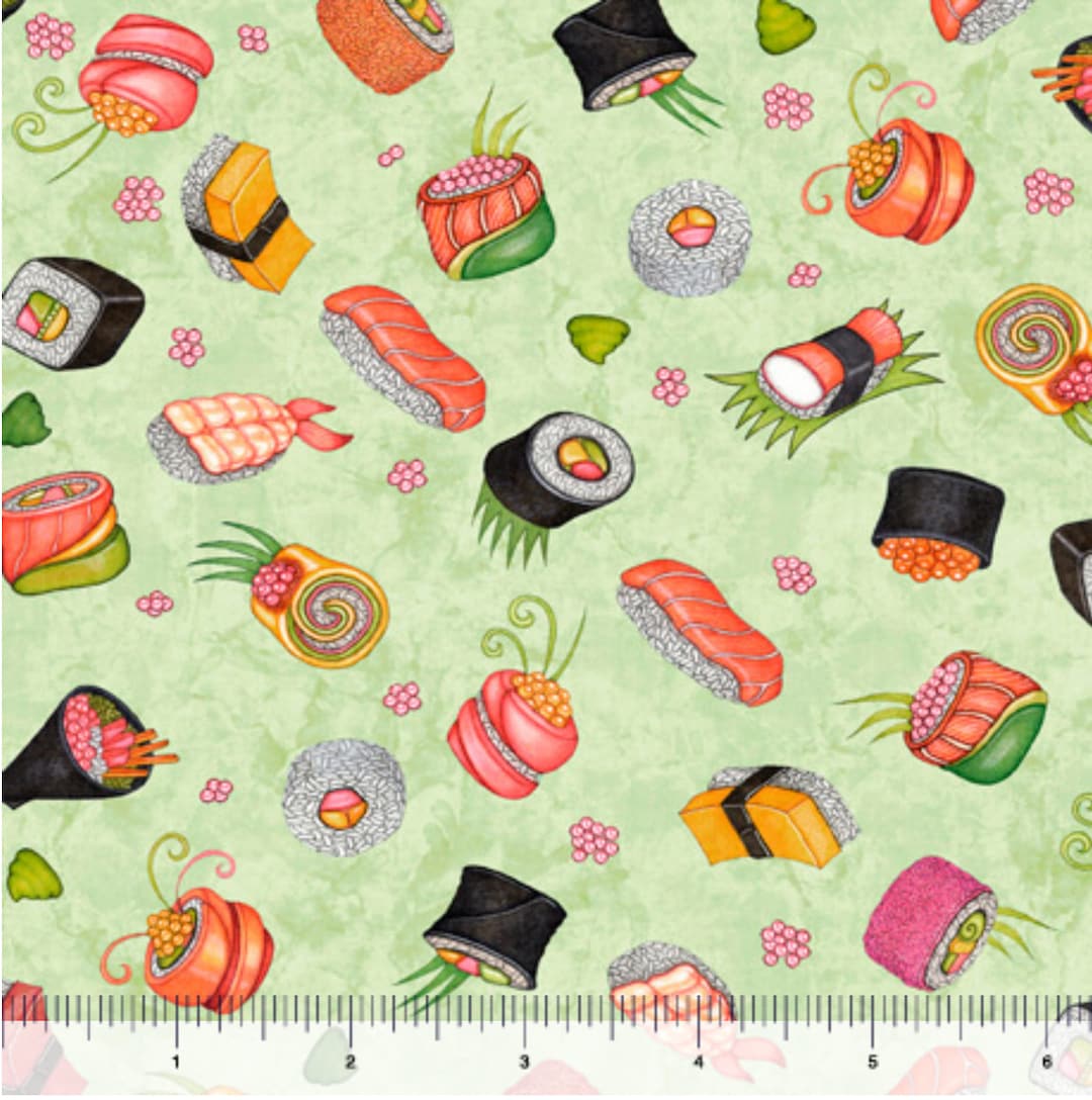 Sushi Fabric / Sushi on Light Green Fabric by the Yard / Food Fabric ...