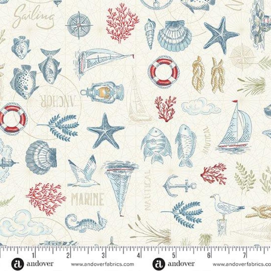 Maritime Motifs on Cream Fabric / High Tide Fabric by the Yard / Ocean ...