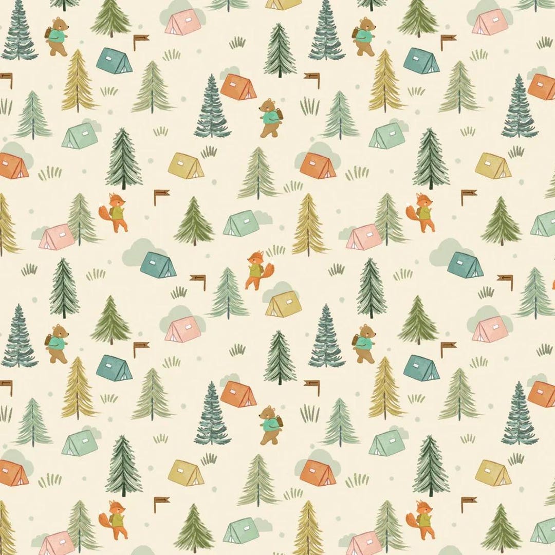 Camping Fabric, Camping Tents and Pine Trees on Cream Cedar by Dashwood ...