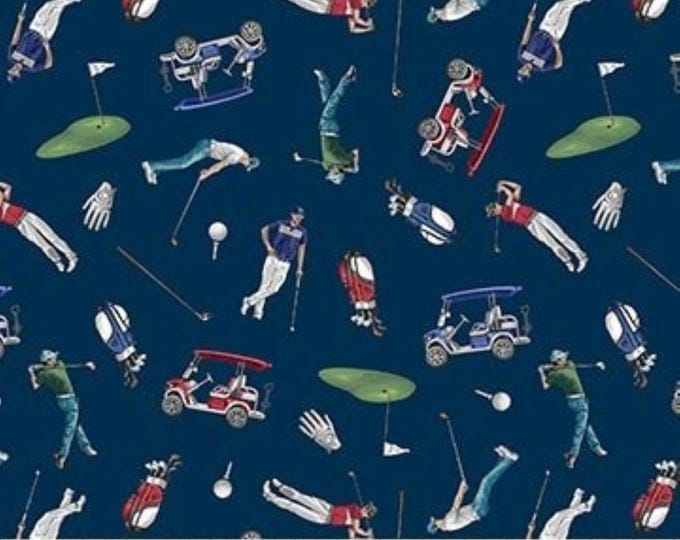 Golf Fabric / Golf Players and Carts on Navy, Hole in One Collection by ...