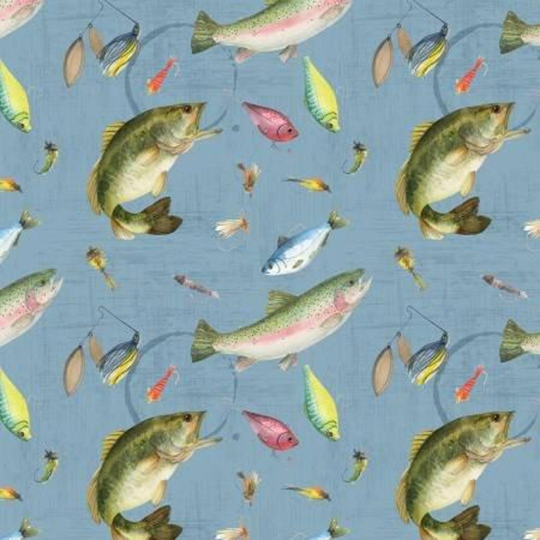 Fish and Lures on Blue Fabric, Gone Fishing Collection by Wilmington ...