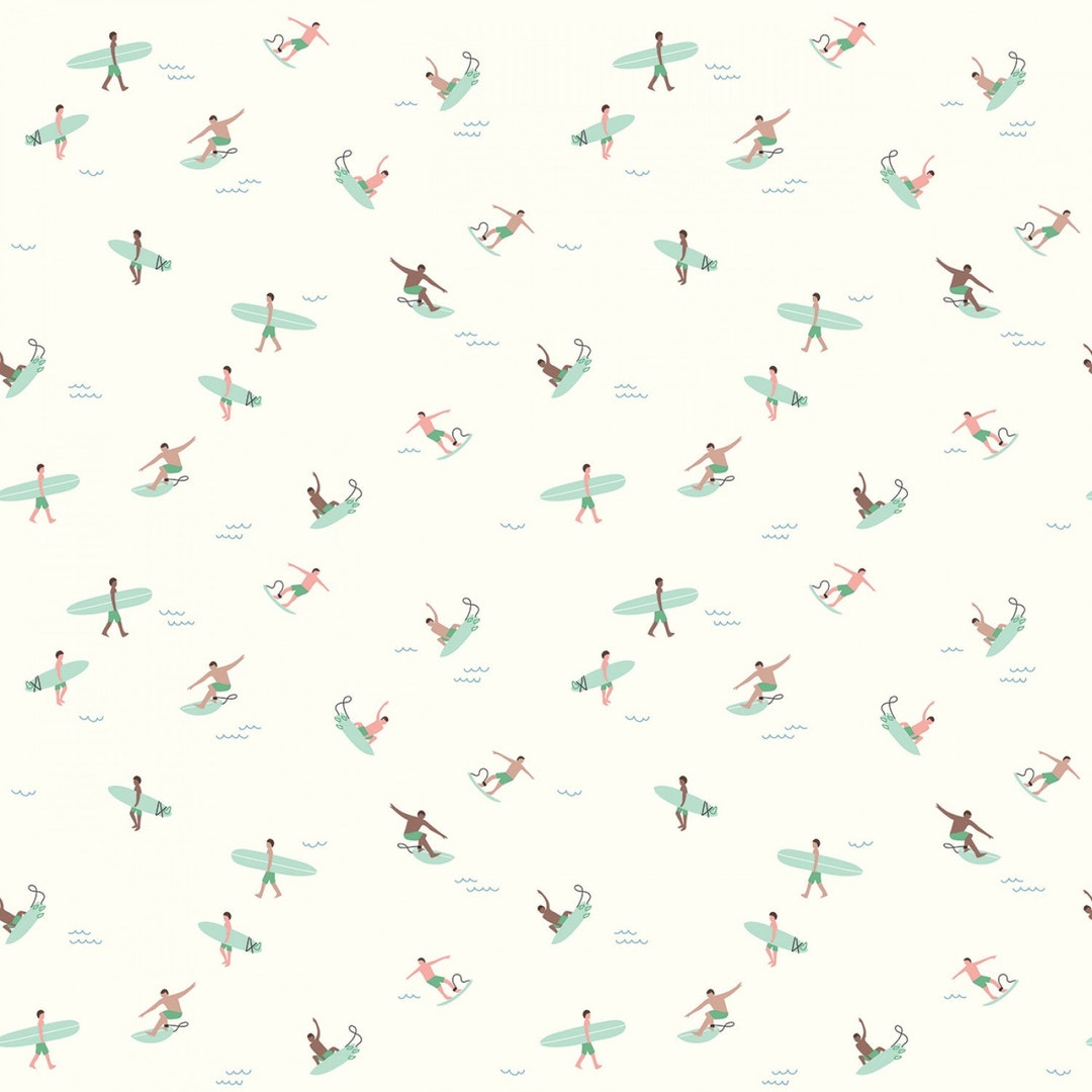 20x44 Remnant Riptide Surfs up Surfers on Cream Fabric - Etsy