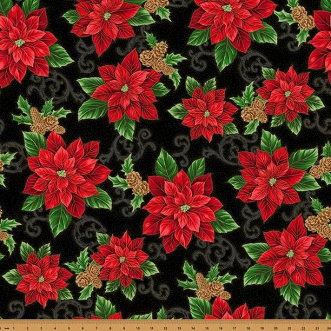 Poinsettias on Black W/gold Metallic / Christmas Splendor Collection ...