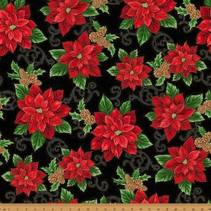 Poinsettias on Black W/gold Metallic / Christmas Splendor Collection ...