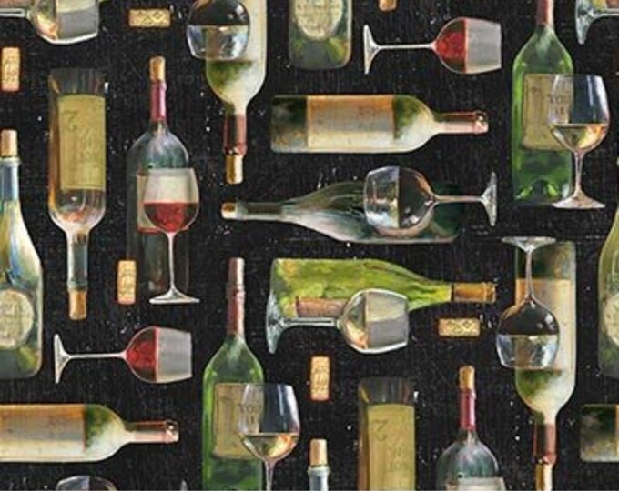 Life Happens Wine Helps Wine Bottles on Black Fabric Northcott Fabrics ...
