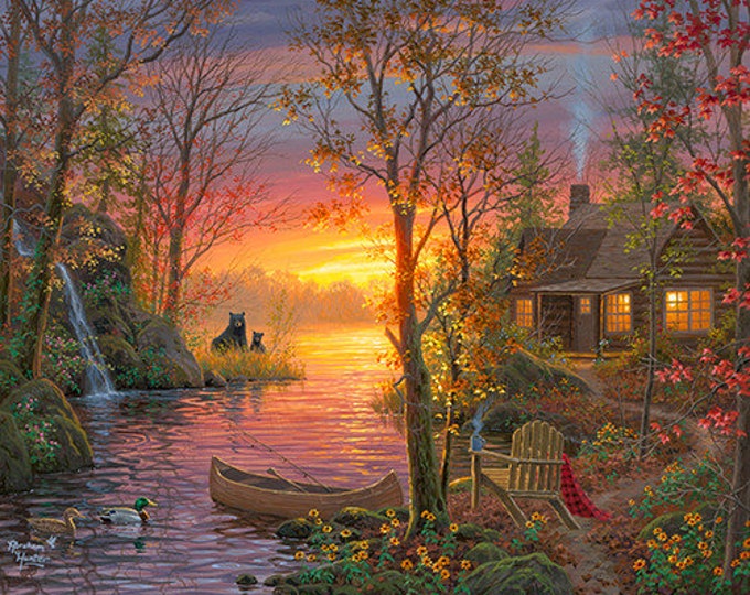 Nature Walk Autumn Scene 36" Panel by 3 Wishes Fabric Cabin, Canoe ...