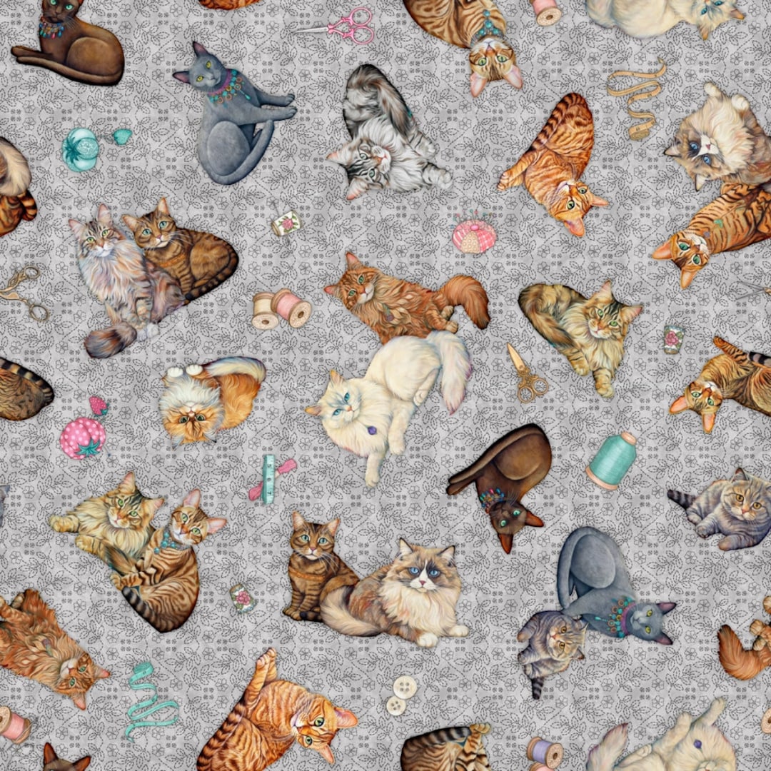 Tossed Cats on Gray Fabric Novelty Cat Fabric by the Yard From Quilt ...