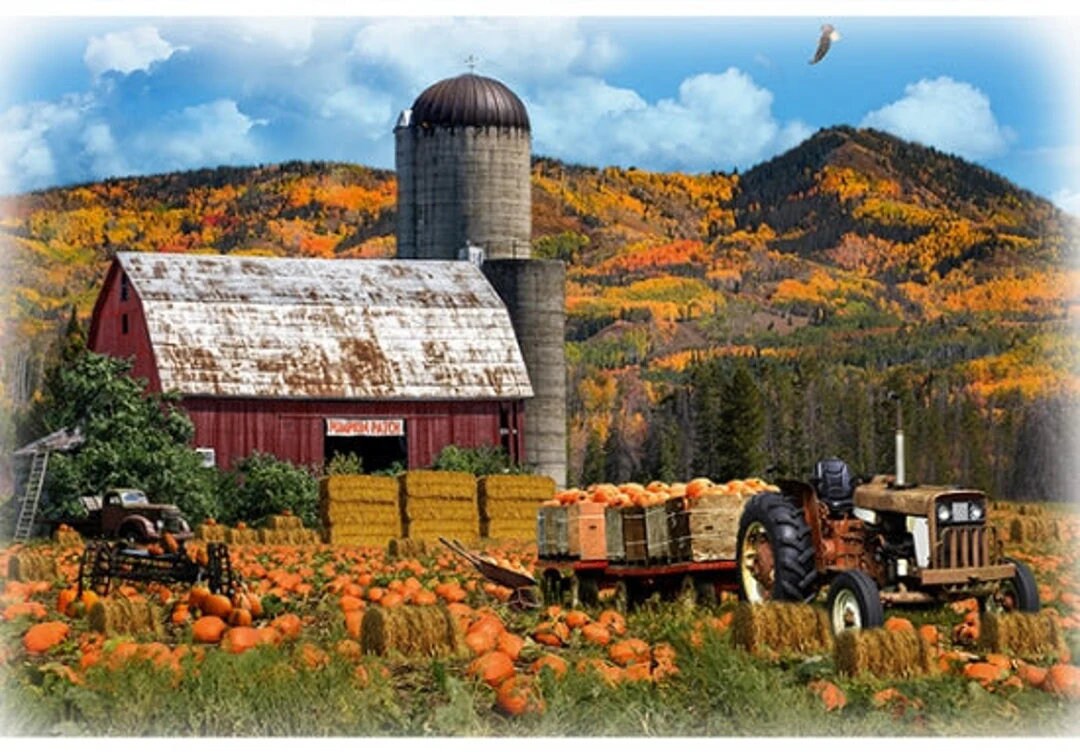 Sun up to Sun Down Pumpkin Panel Fabric Tractor Barn and Old Truck ...