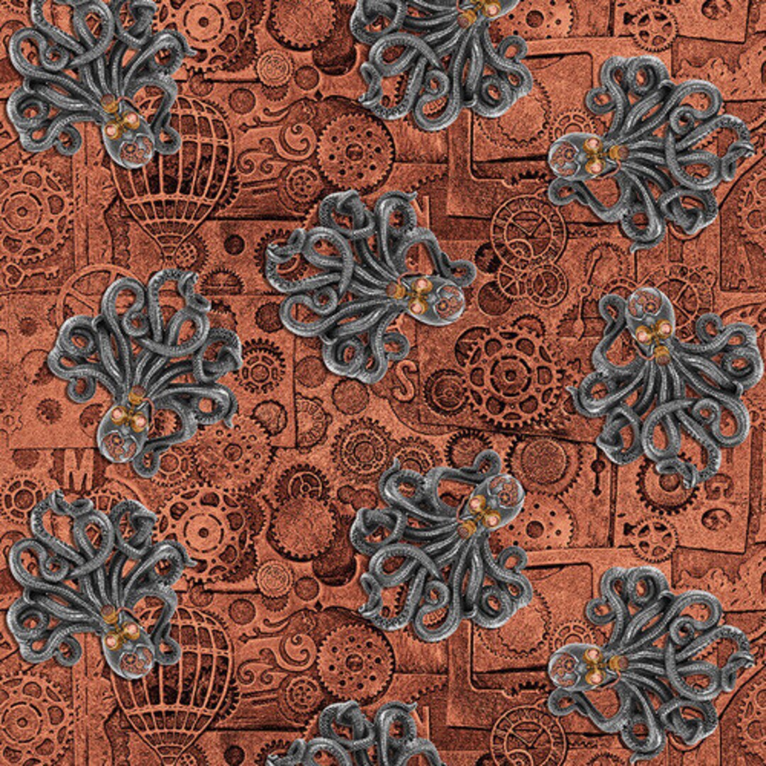 Steampunk Fabric, Octopus and Gears on Rust / Alternative Age ...