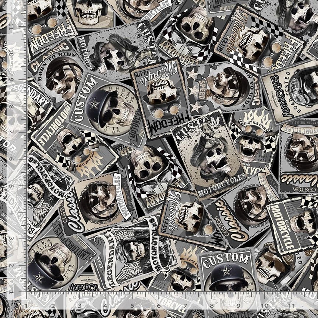 Motorcycle Fabric by the Yard / Motorcycle Skull Patches on Gray by ...