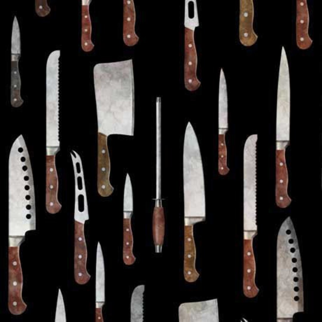 Sizzle and Spice, Knives on Black Fabric, Cooking Utensils Fabric by ...