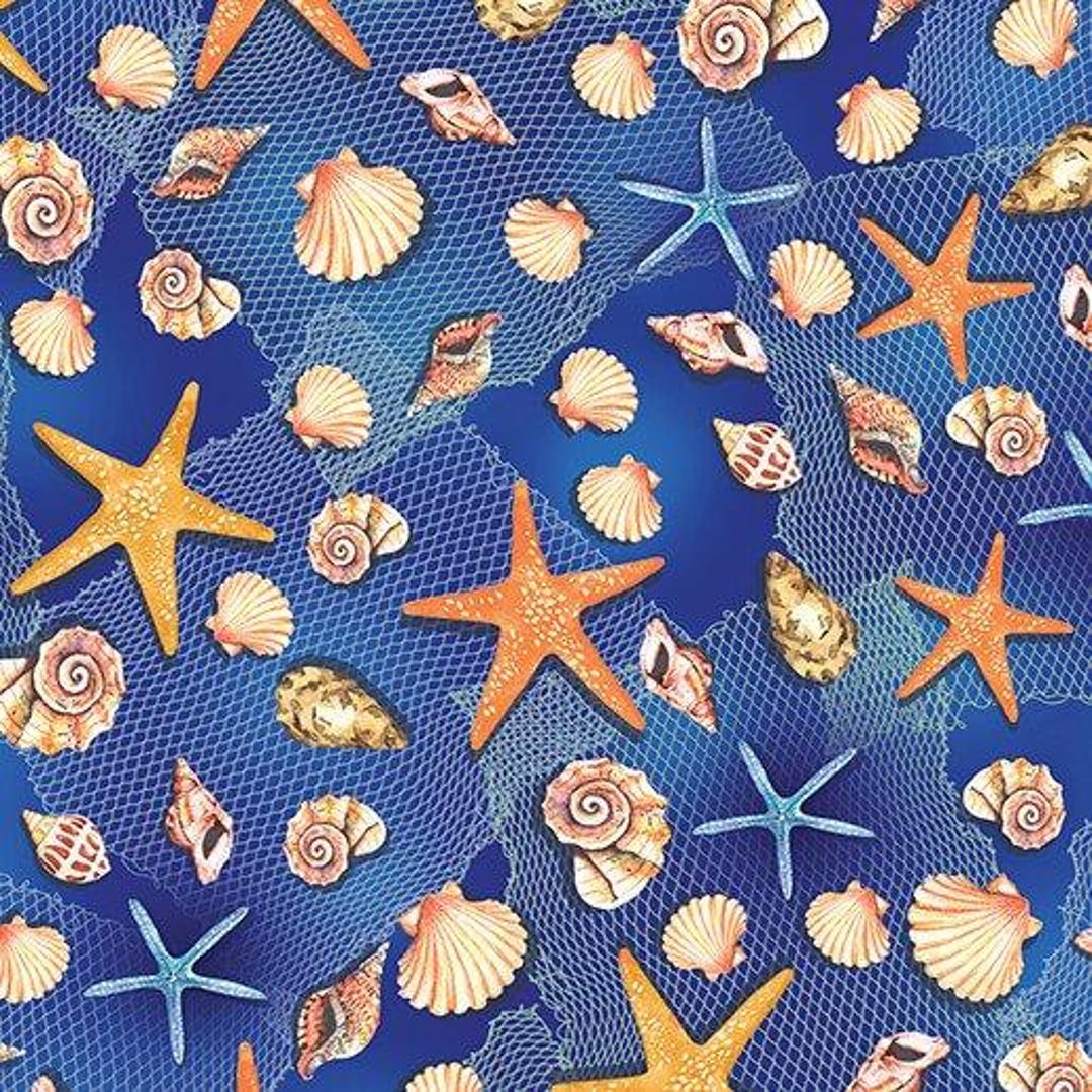 Beachcomber Shells and Nets on Royal Blue Fabric by the Yard by Kanvas ...