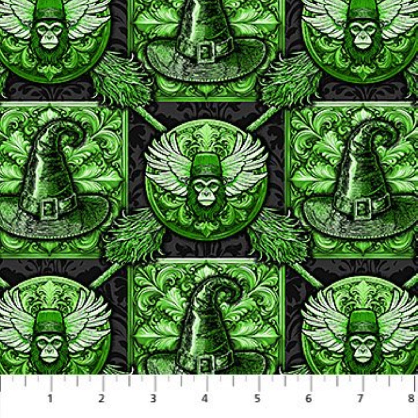 Halloween Fabric, Witch Hats and Flying Monkeys Insignia in Green Good ...