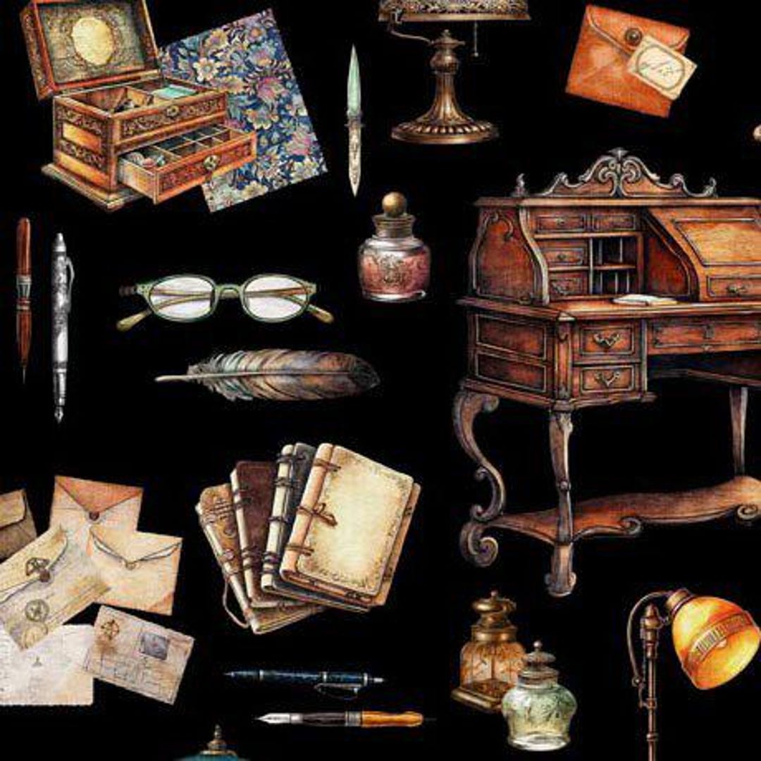 Library Fabric / Writing Desk and Motifs on Black Fabric / Bookworm ...