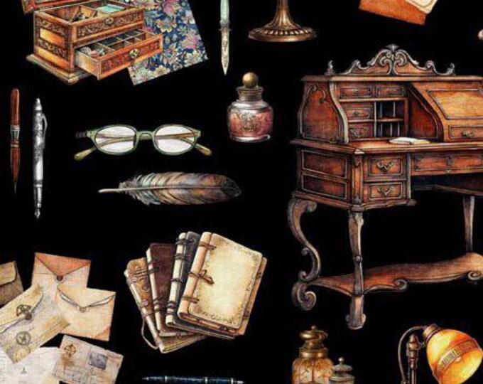 Library Fabric / Writing Desk and Motifs on Black Fabric / Bookworm ...