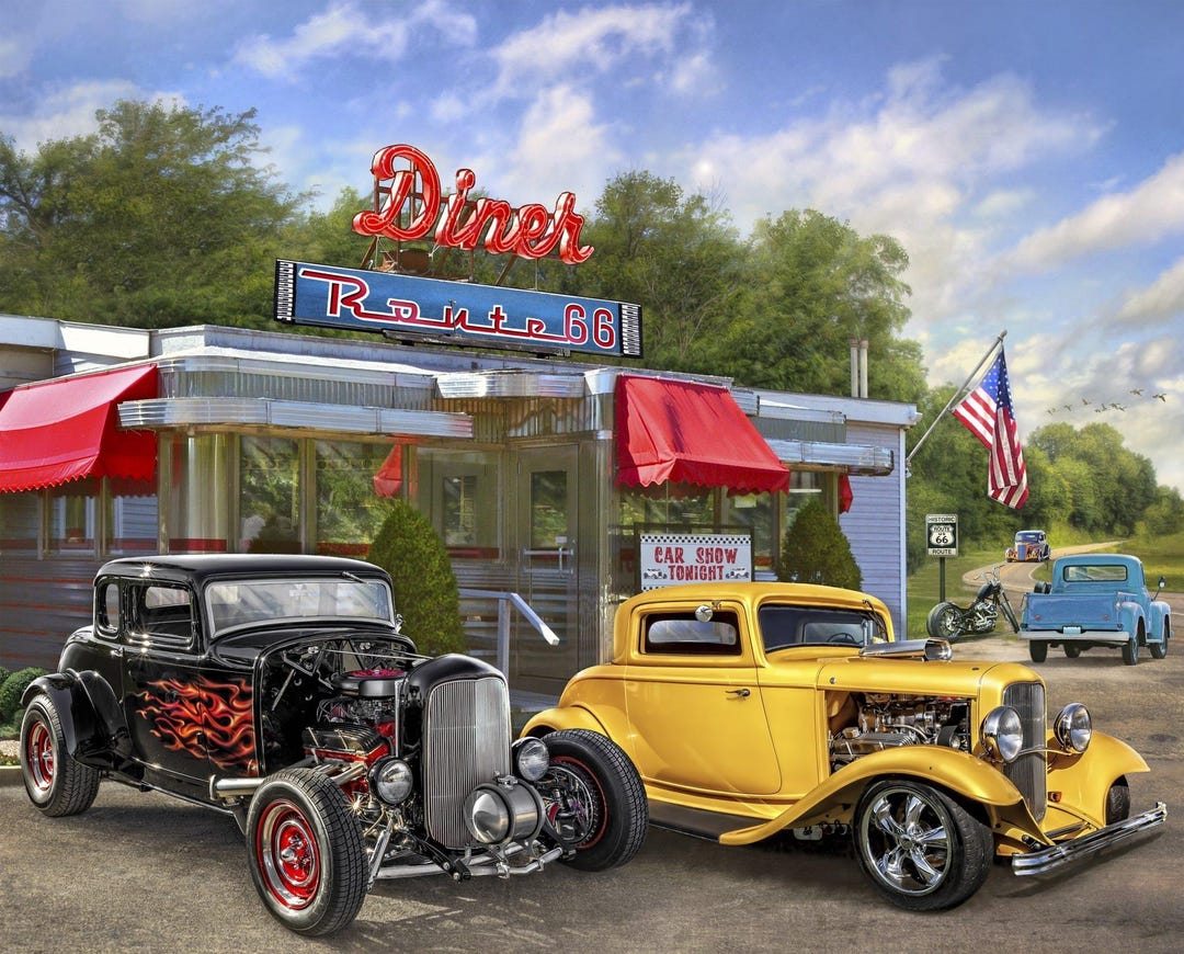 Hot Rods at the Diner 36" Panel Nostalgic American Diner Fabric Panel ...