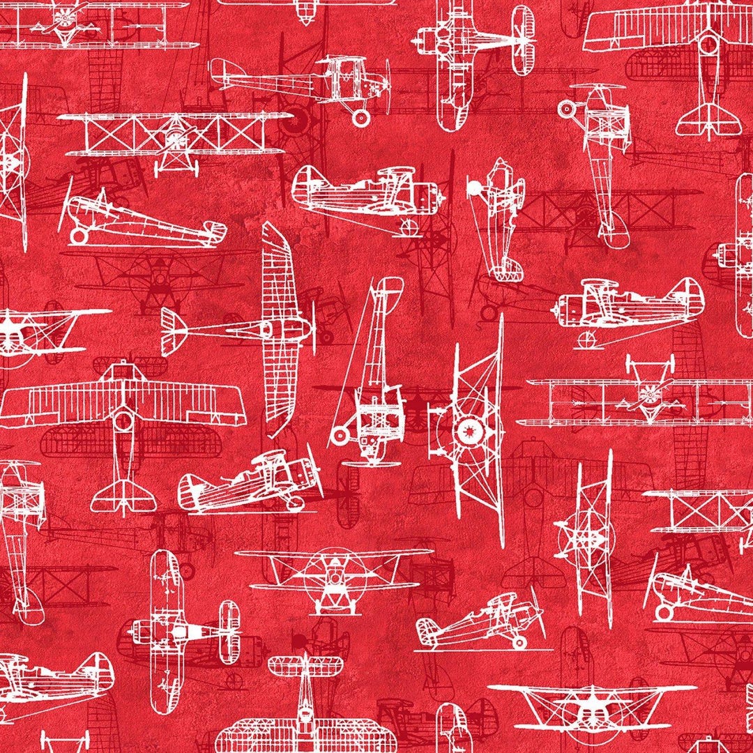 Airplane Fabric on Red Blueprint Fabric, First in Flight by 3 Wishes ...