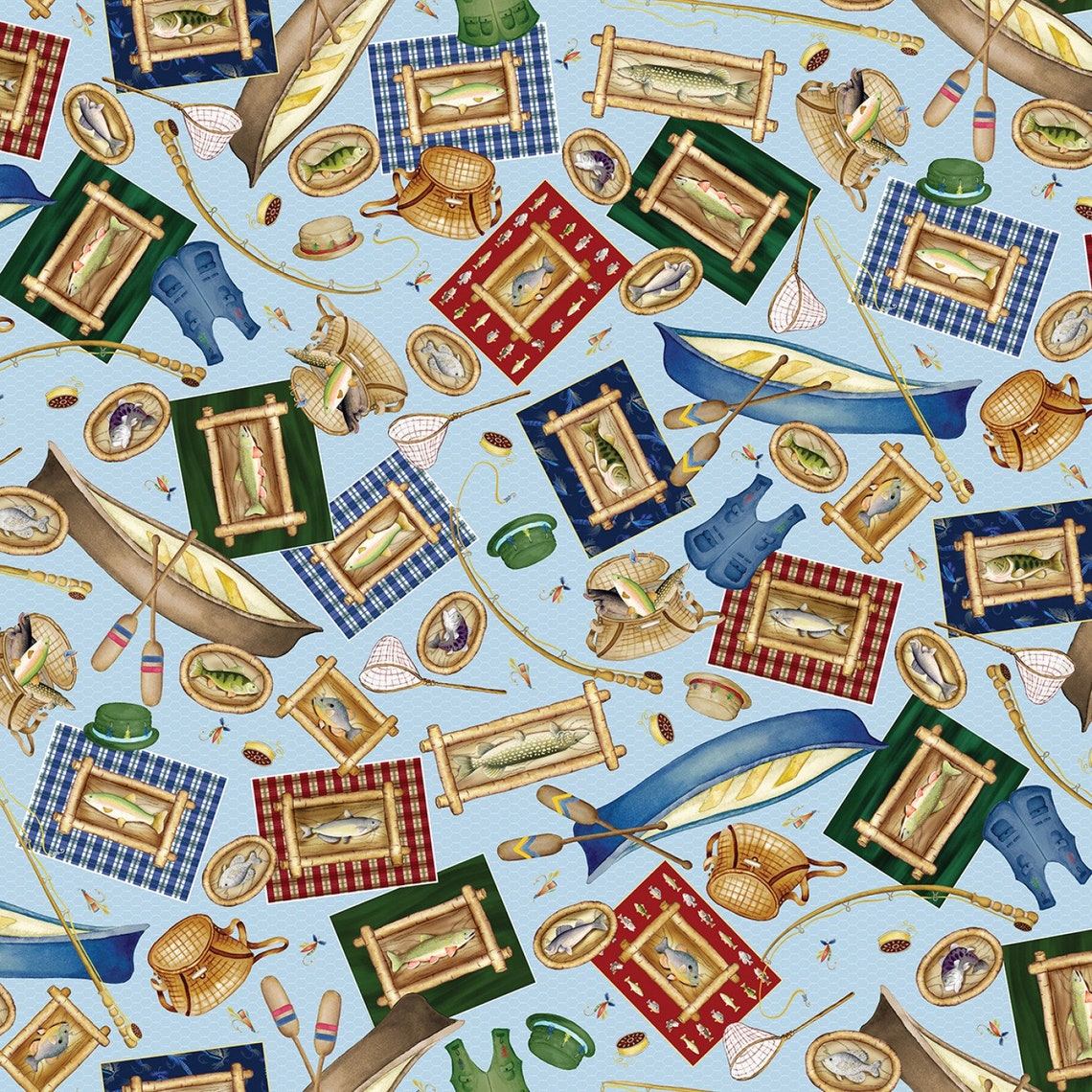 Fishing Fabric Lake House Motifs on Blue Fabric / Keep It - Etsy