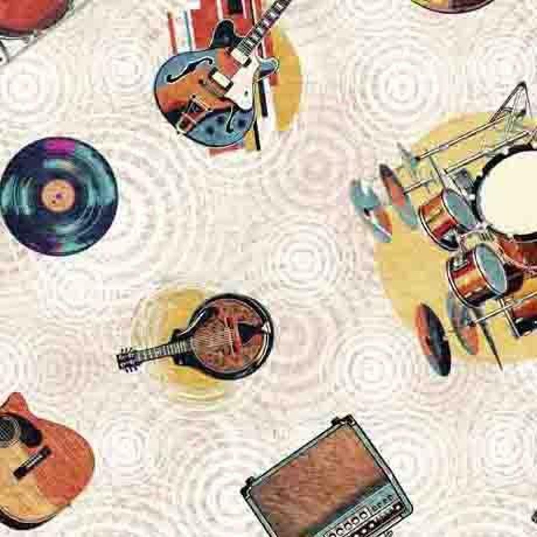 Guitar Fabric / Musical Instruments on Beige Rock N Roll Fantasy by QT ...