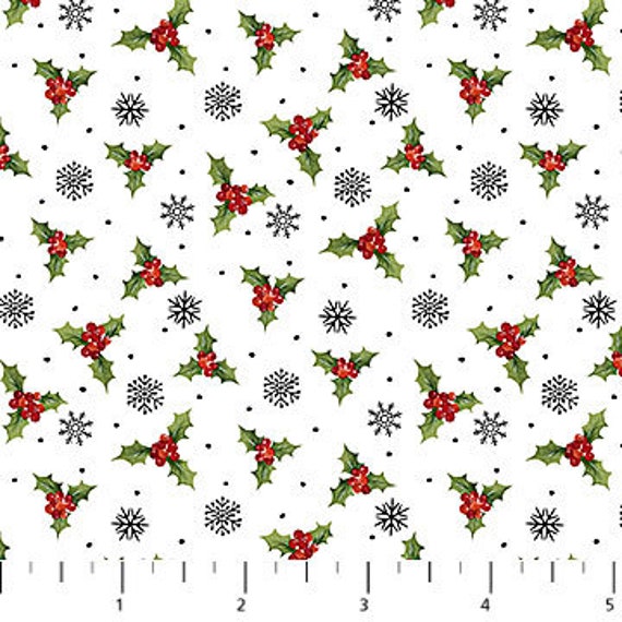 Christmas Fabric Holly on White Fabric Santa's Tree Farm - Etsy