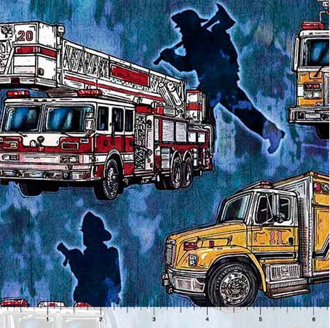 Rescue Vehicles on Blue Fabric / 5 Alarm / Fire Fighter Fabric Fabric ...