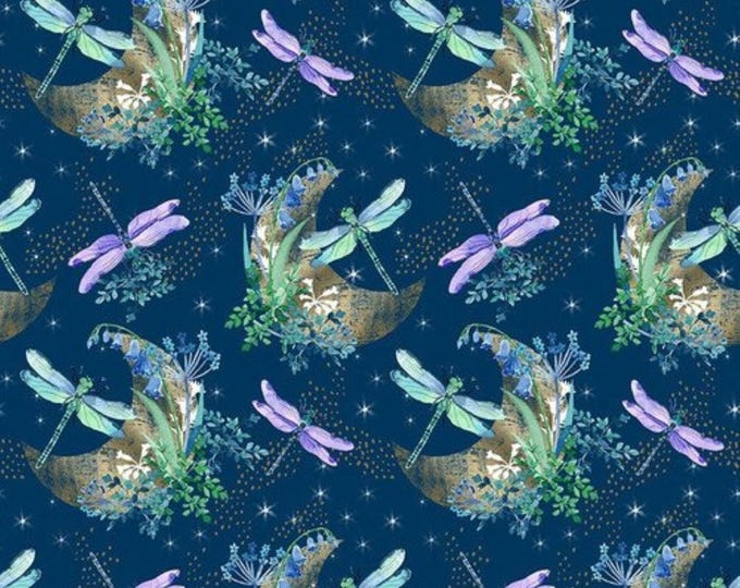 Dragonfly Fabric Gypsy Flutter Crescent Moon, Dragonflies, Flowers ...