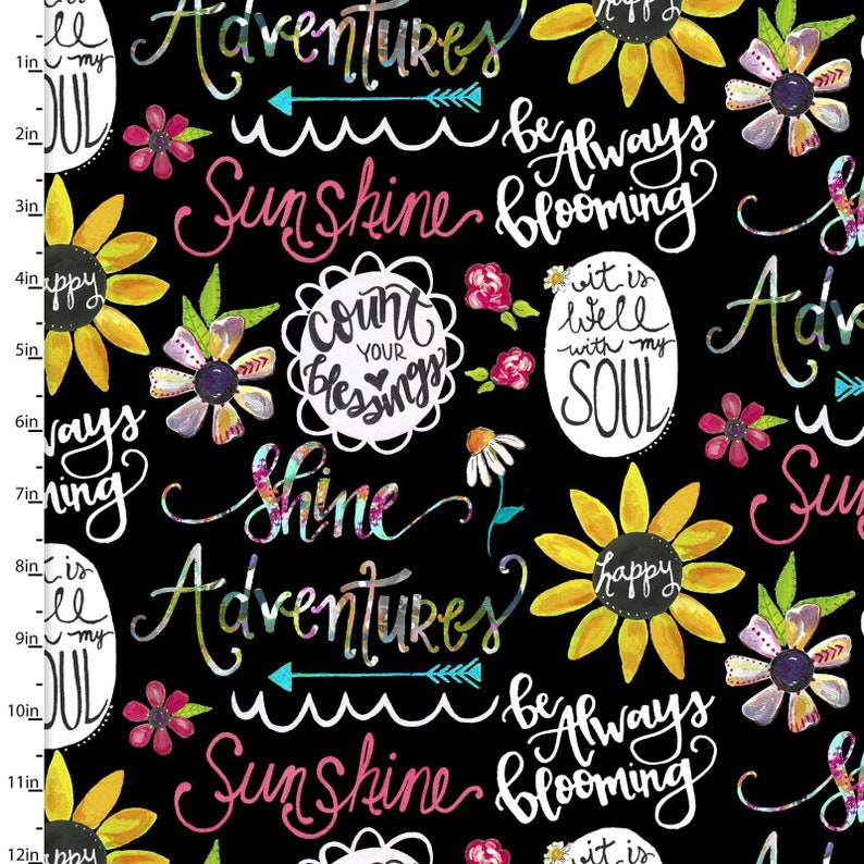 Joy Bloom Black Expression Floral Positive Words Fabric / | Etsy