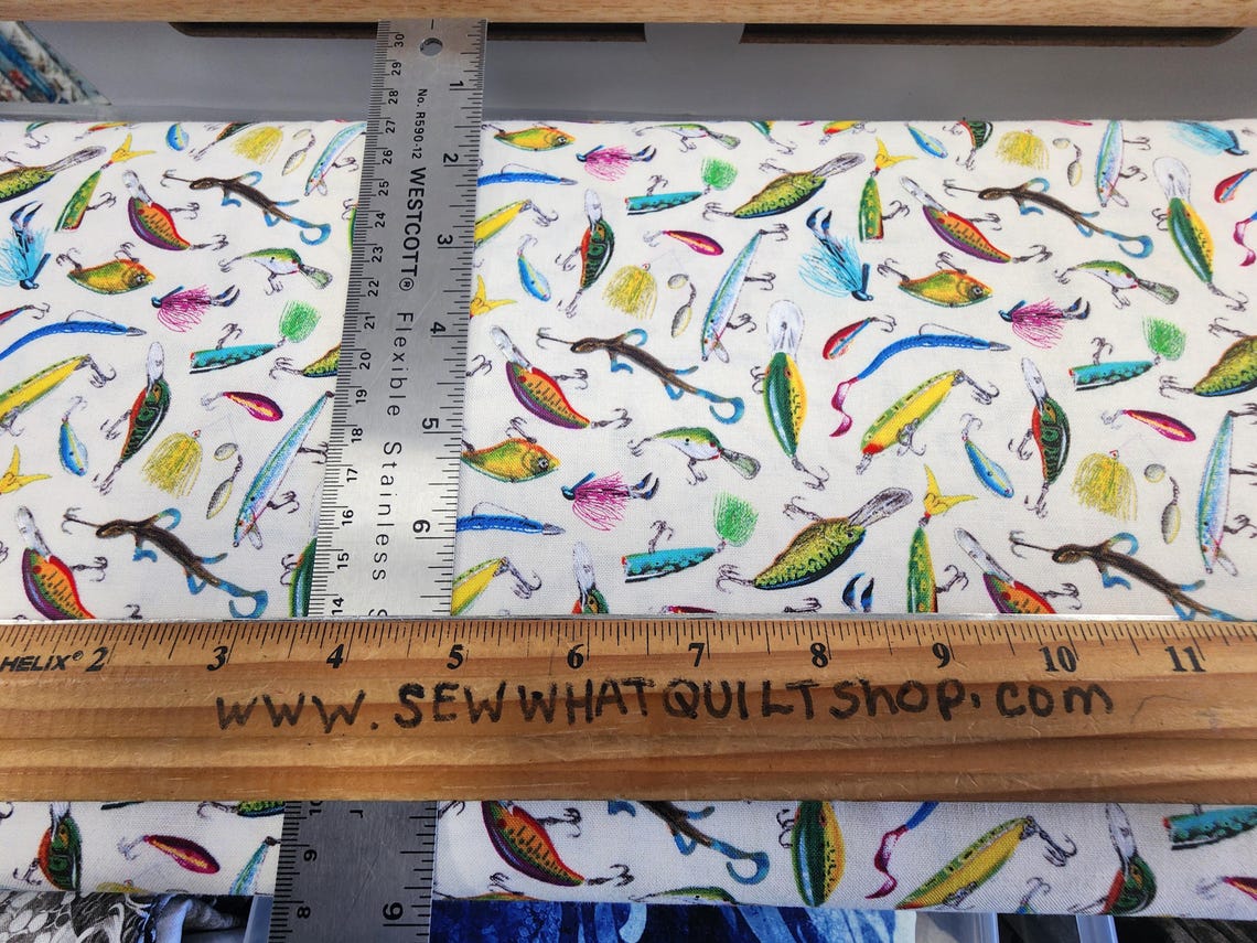 Fishing Lures on Eggshell Fabric by the Yard, Tight Lines Collection ...