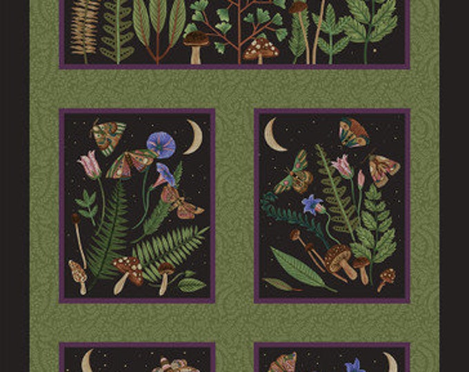 Dark Forest Ferns Moths Blocks 24" Panel Floral on Black 24" Panel by ...