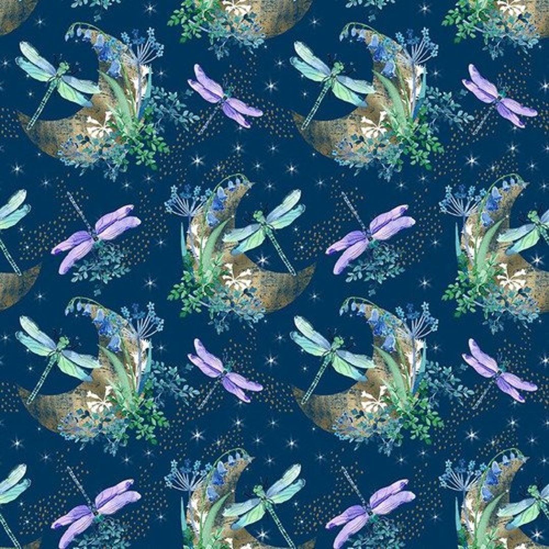 Dragonfly Fabric Gypsy Flutter Crescent Moon, Dragonflies, Flowers ...