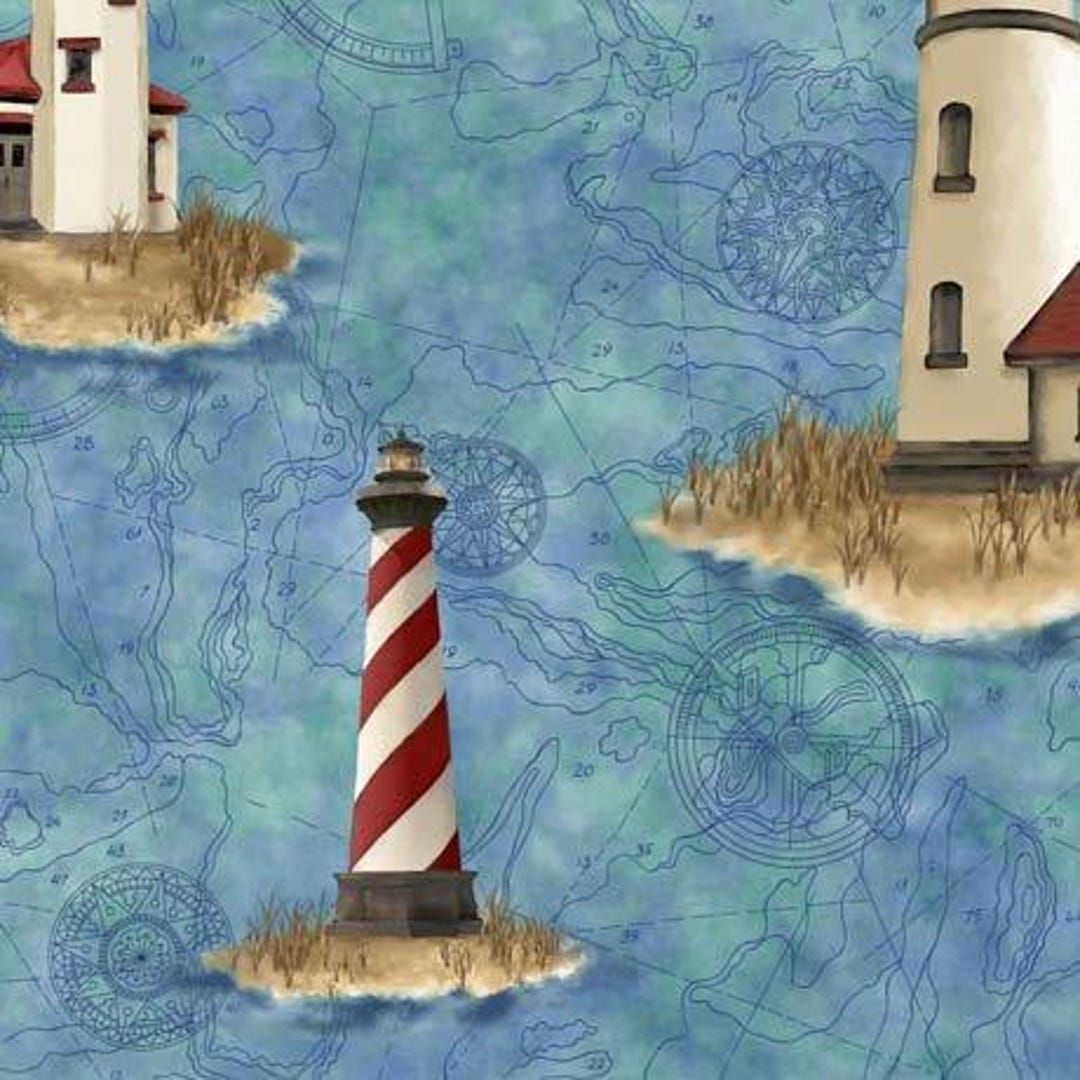 Lighthouses on Blue Fabric by the Yard From QT Fabrics Ocean Sea ...