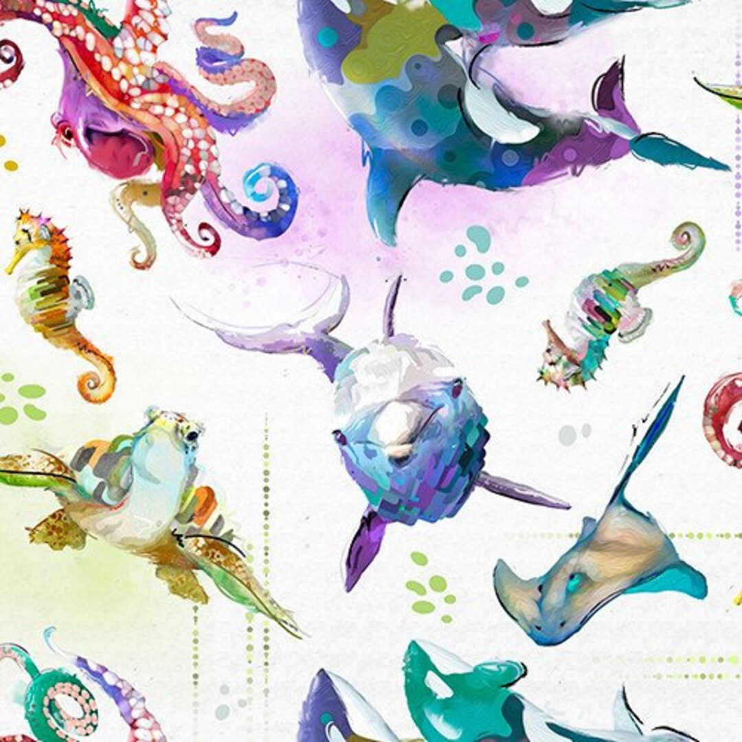 Shining Sea Allover Sea Life on White Fabric by the Yard by 3 Wishes ...